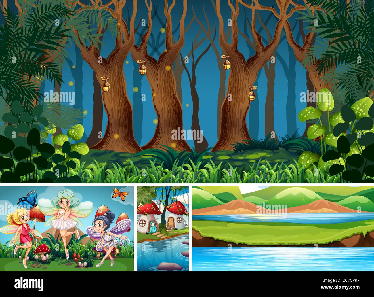 Four different scene of fantasy world with fantasy places and fantasy ...