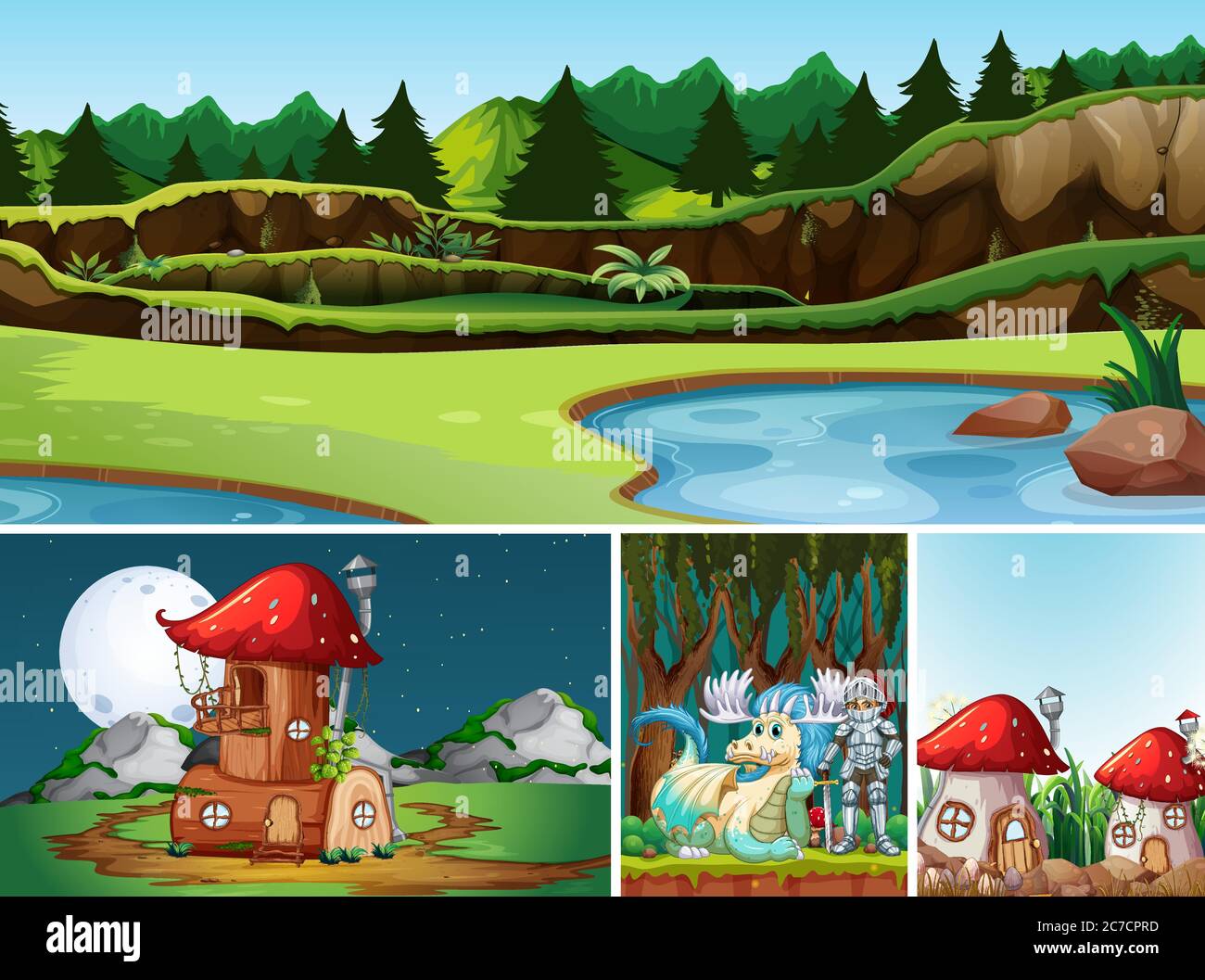 Four different scene of fantasy world with fantasy places and fantasy ...