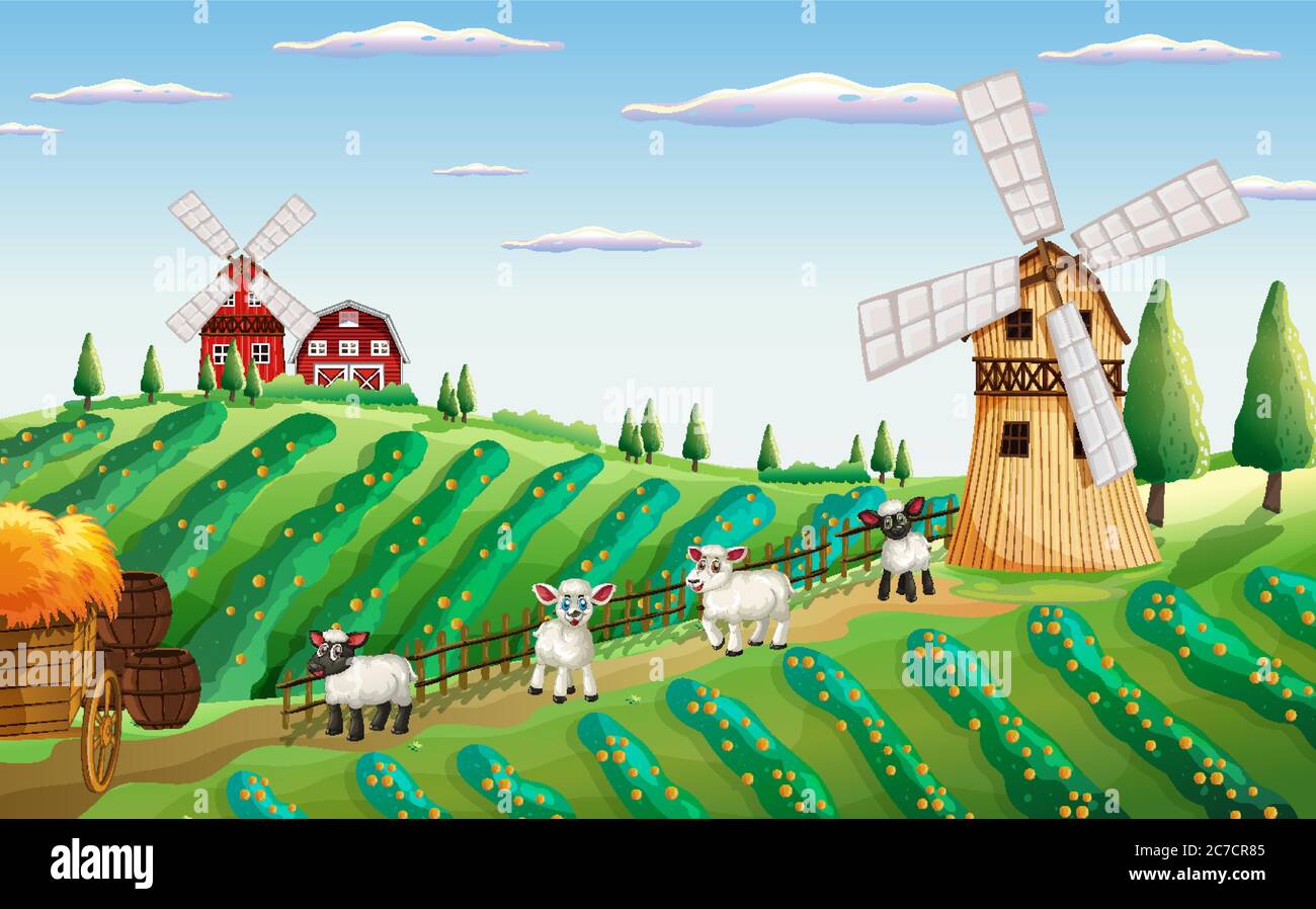 Farm scene in nature with windmill and sheeps illustration Stock Vector ...