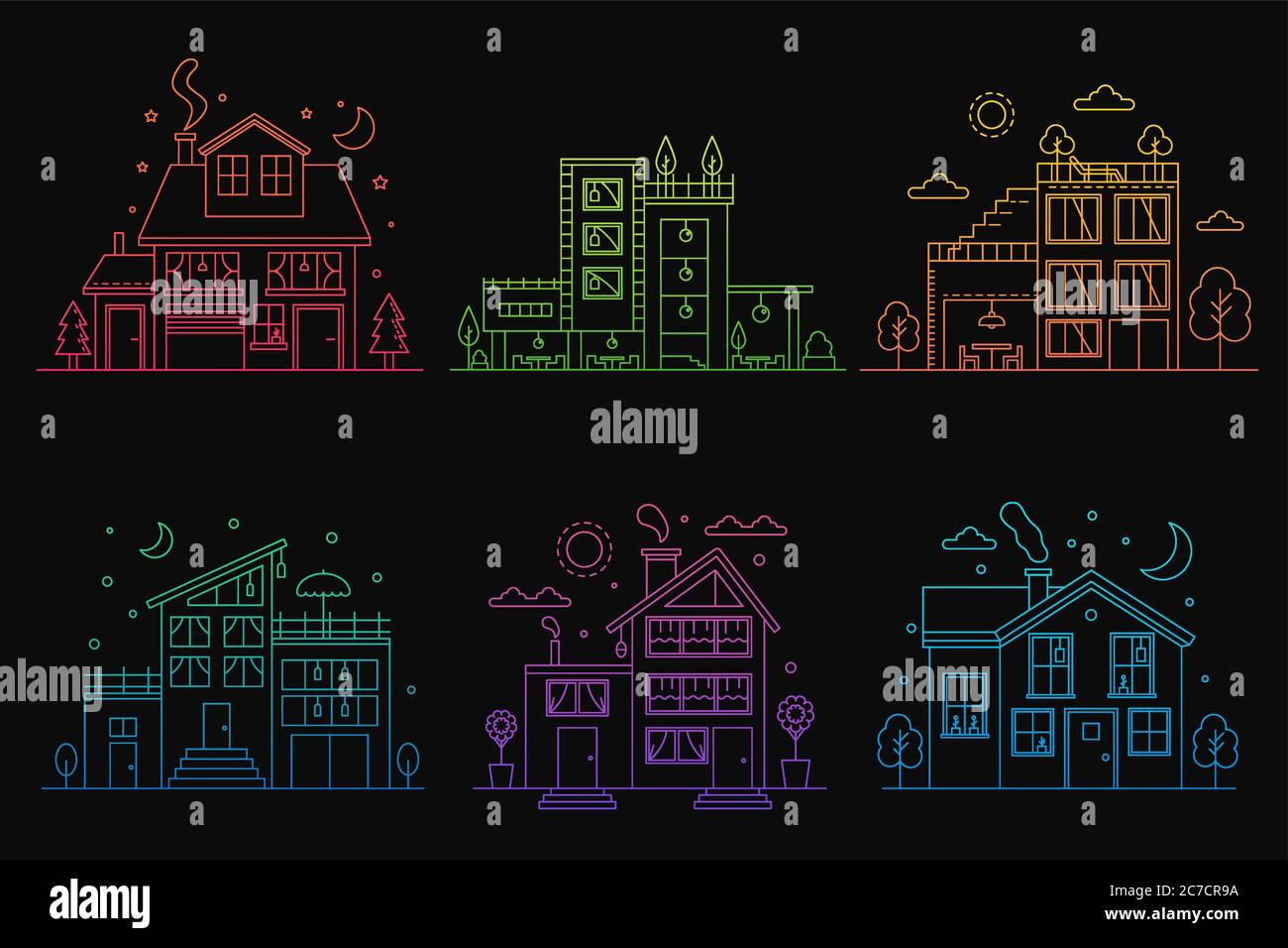 Set of gradient line urban and suburban houses isolated on black ...