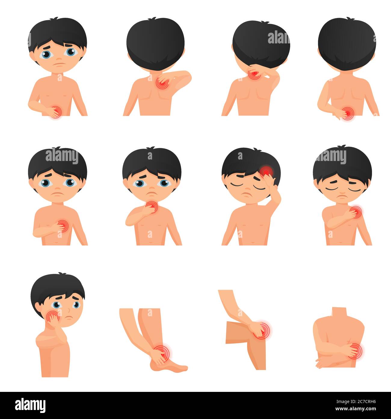Various painful points set. Little boy kid suffering from pain in ...