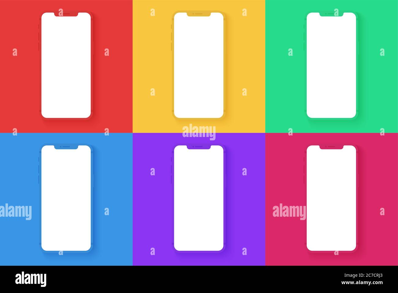 Smartphone templates set on the different bright colors square ...