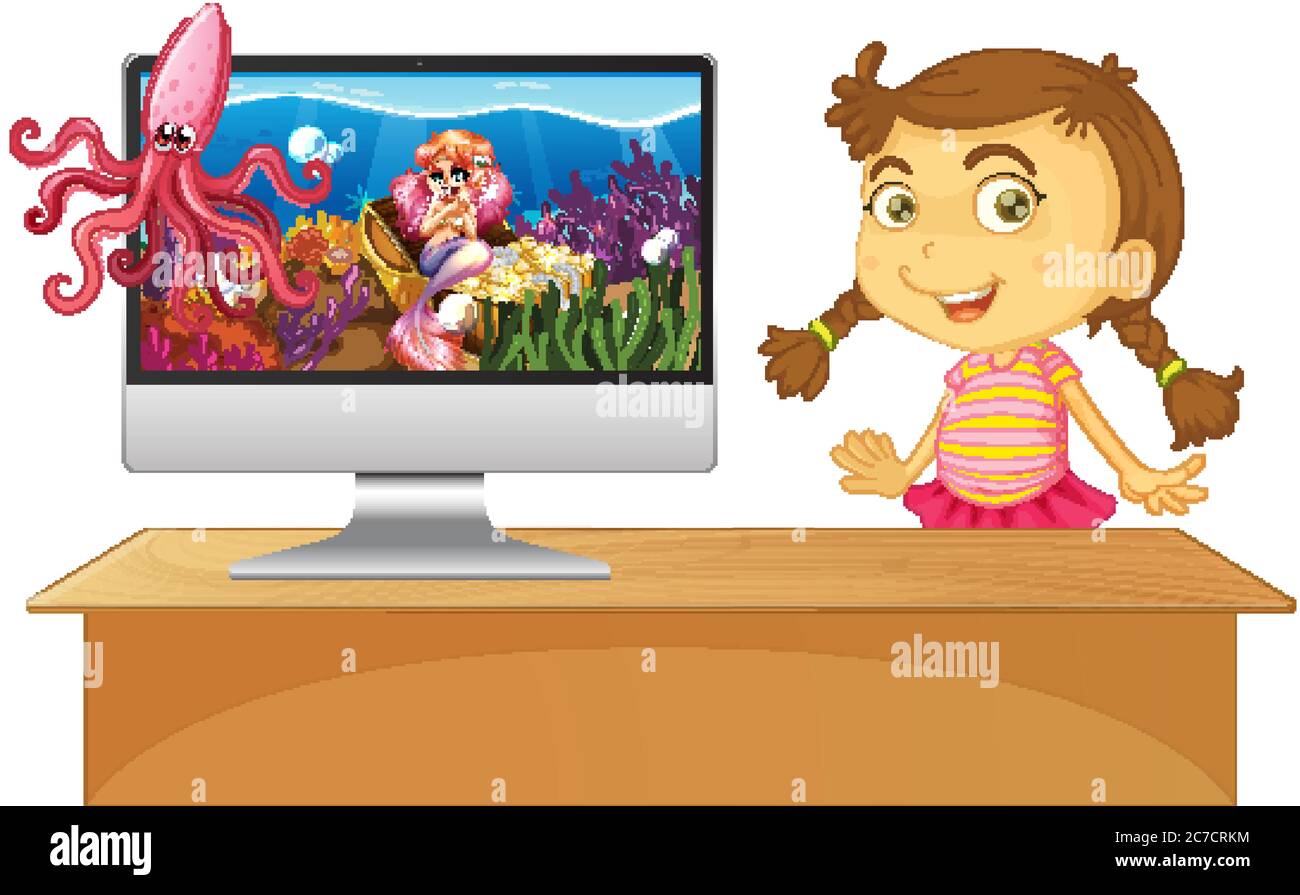 Girl next to computer with underwater scene on screen illustration ...