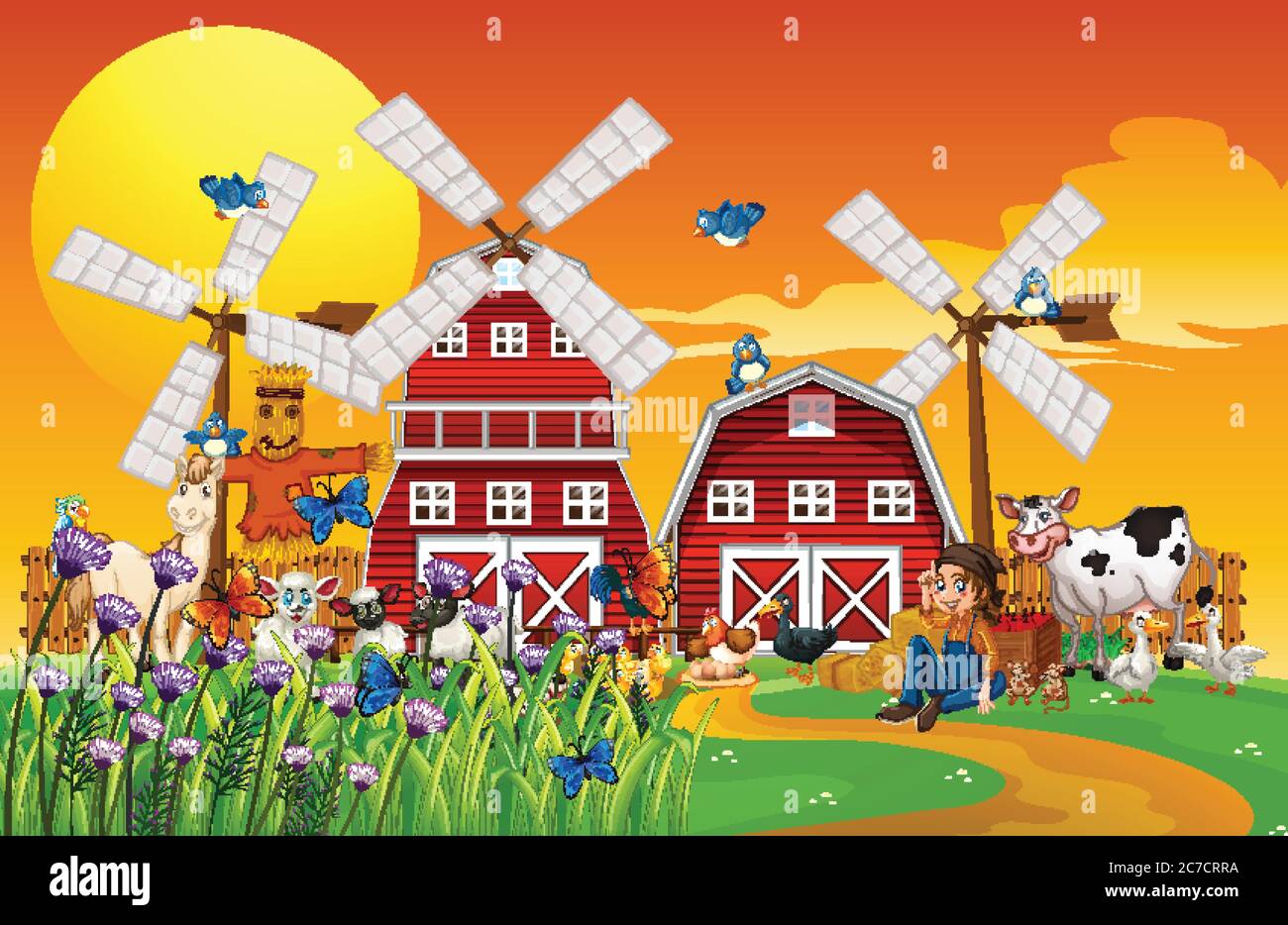 Farm in nature scene with barn and animal farm on sunset background ...