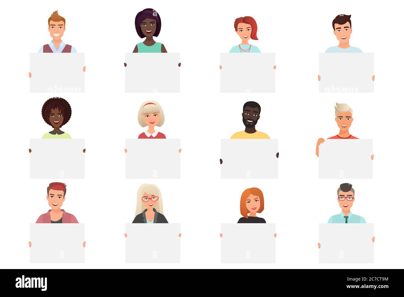 Set of different smiling people holding white blank posters isolated on ...