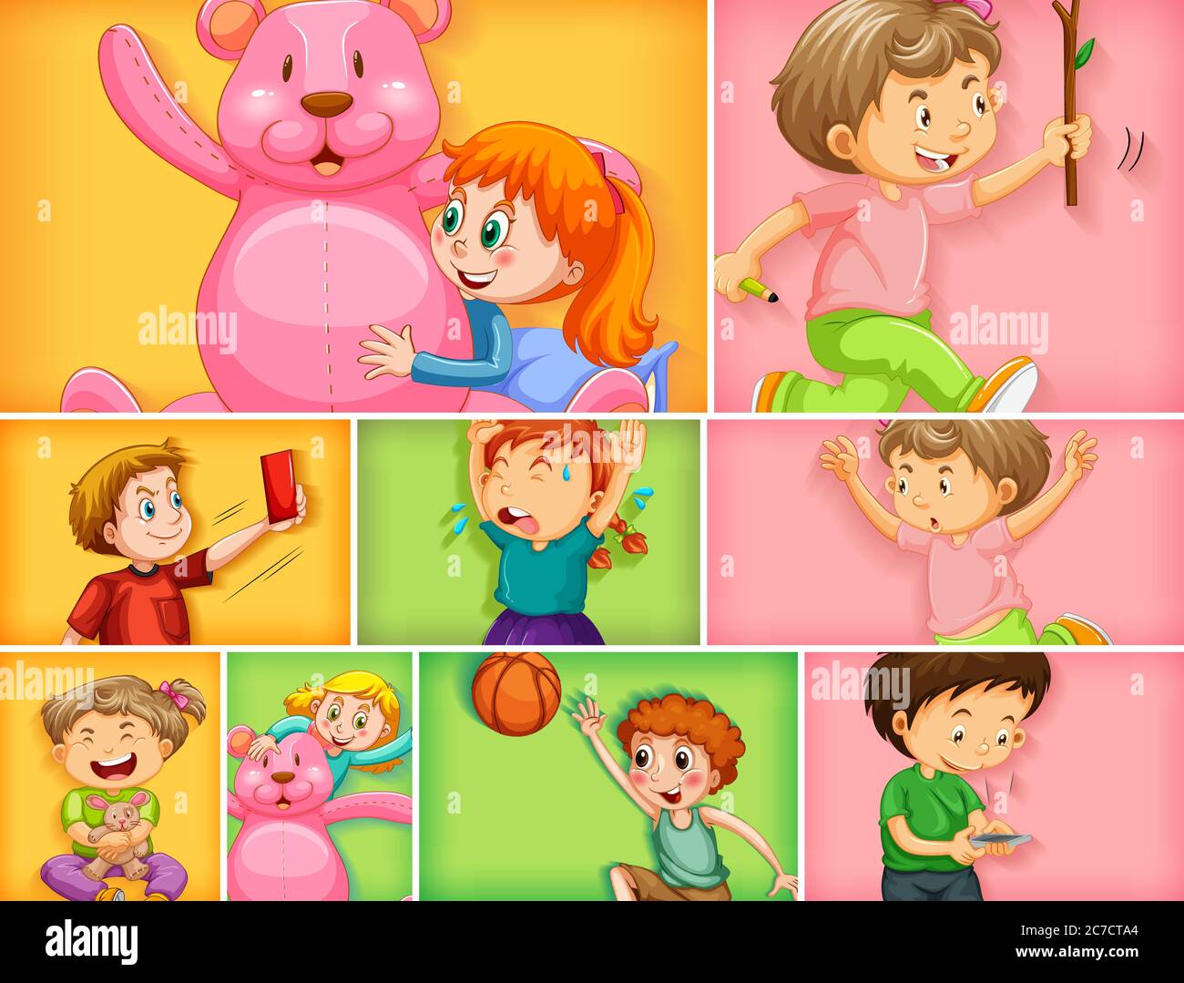 Set of different kid characters on different color background ...