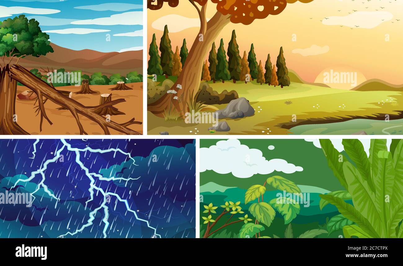 Four different natural disaster scenes of forest cartoon style ...