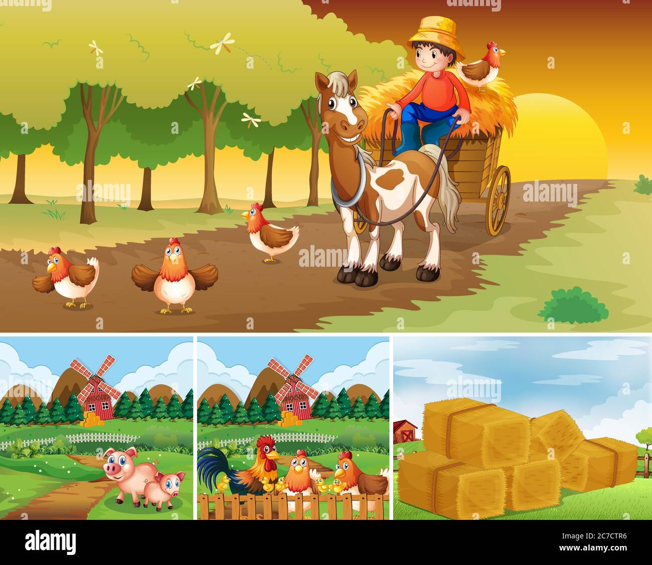 Set of different farm scenes with animal farm cartoon style ...