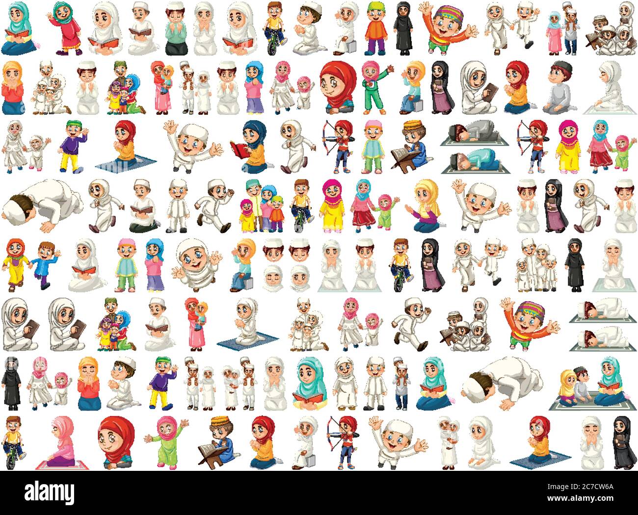 Set of different muslim people cartoon character isolated on white ...