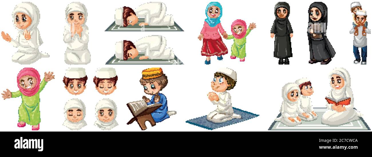 Set of different muslim people cartoon character isolated on white ...