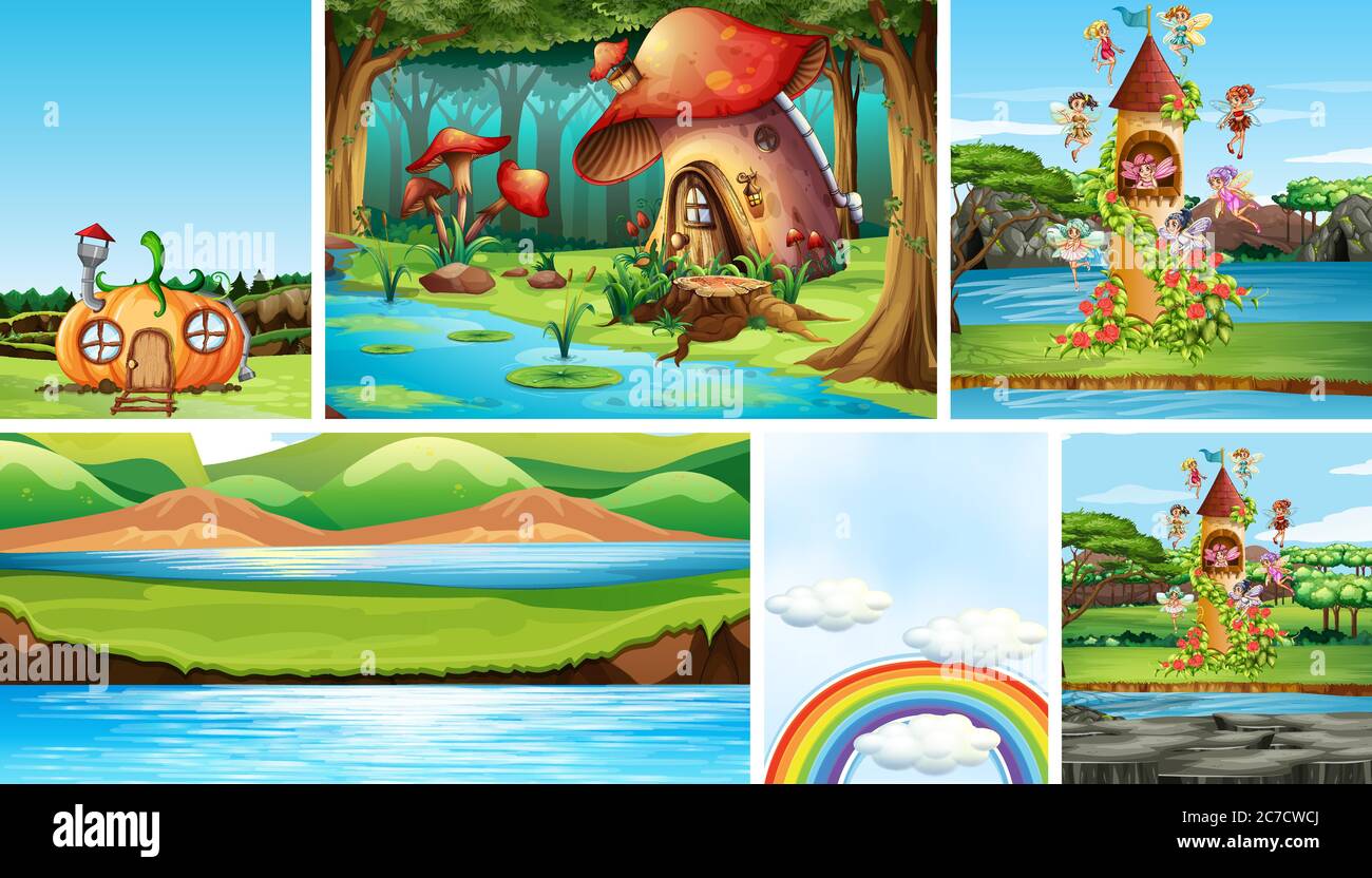 Six different scene of fantasy world with fantasy places and fantasy ...