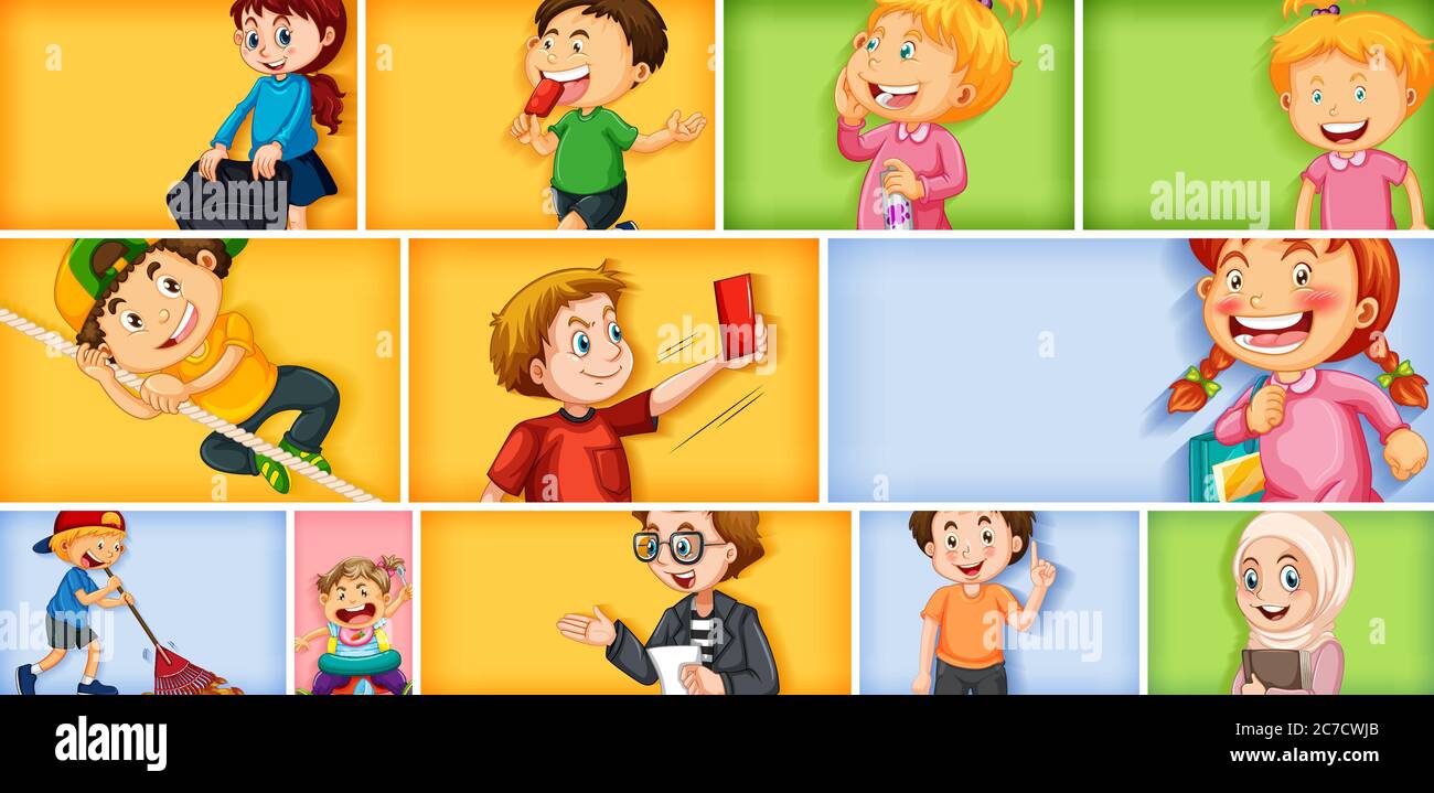 Set of different kid characters on different color background ...