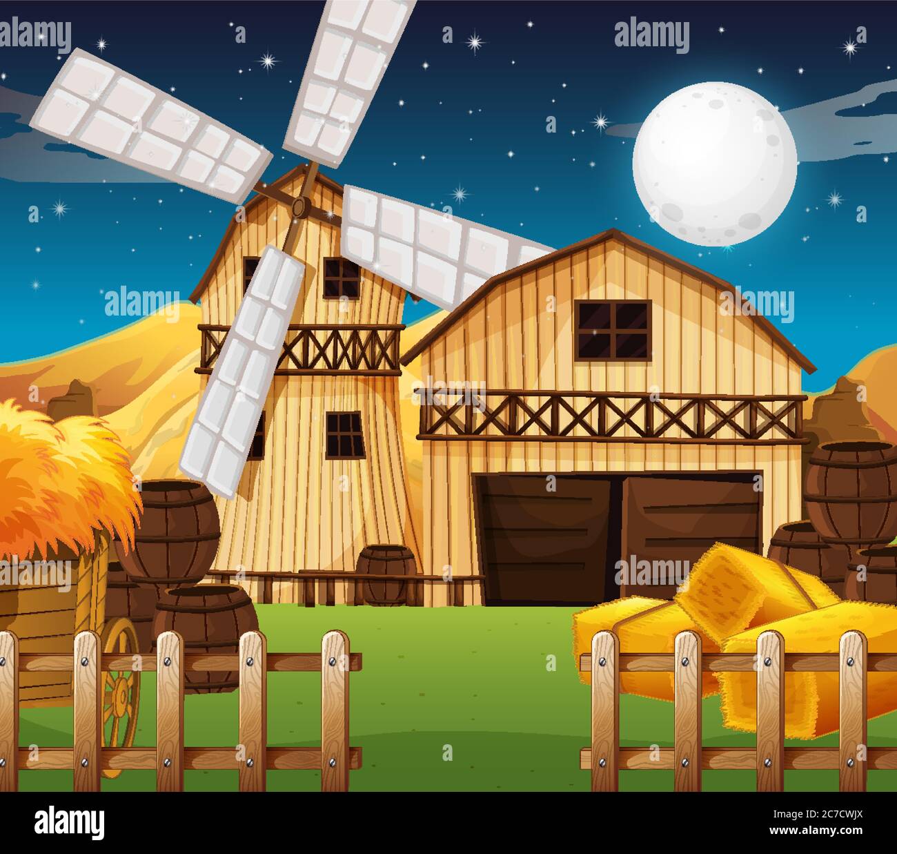 Farm scene with barn and mill at night illustration Stock Vector Image ...