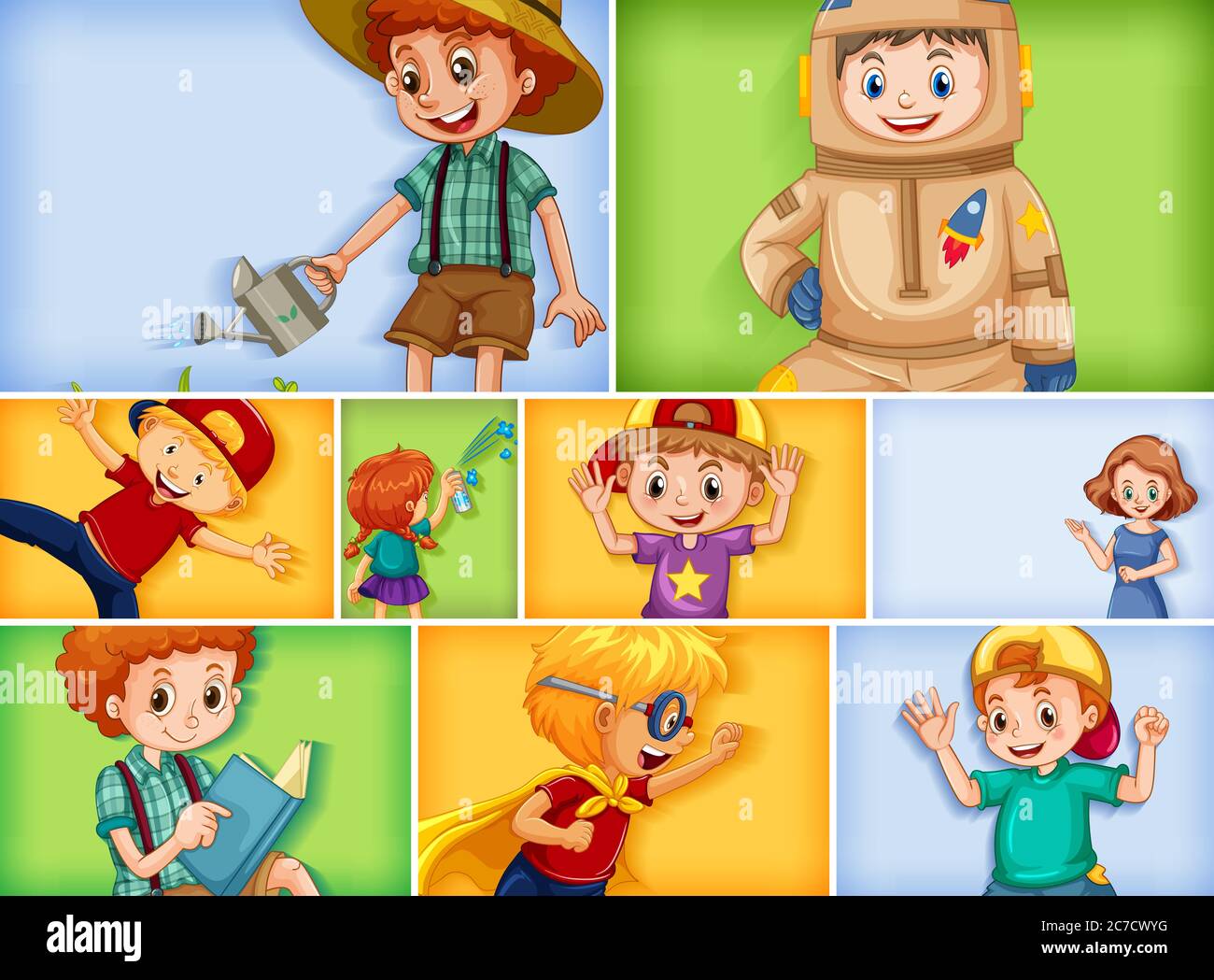 Set of different kid characters on different color background ...