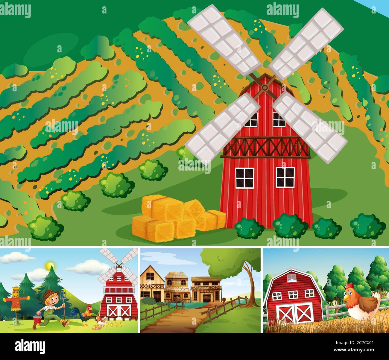 Set of different farm scenes cartoon style illustration Stock Vector ...