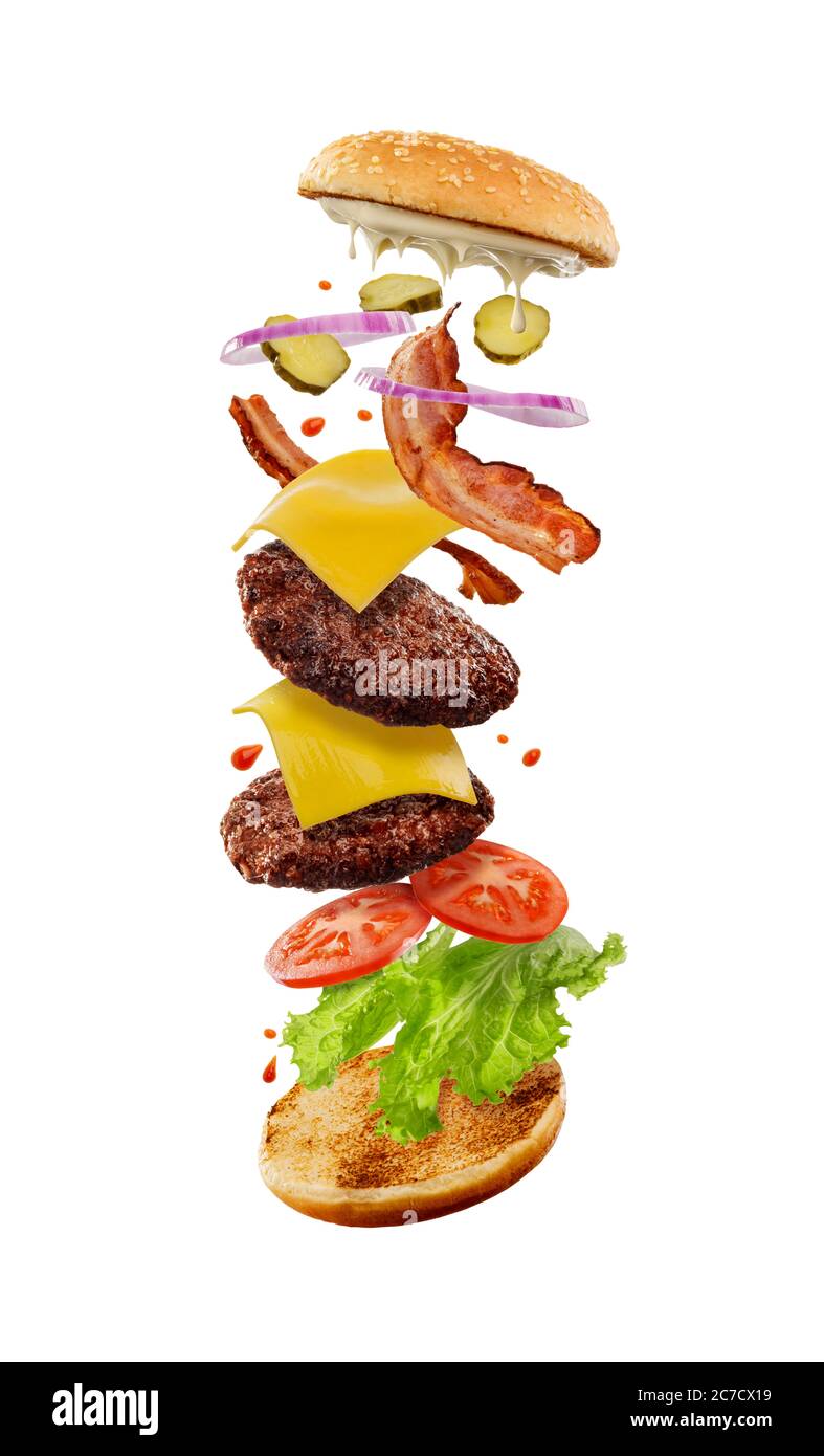 Layers of double cheeseburger isolated on white background Stock Photo ...