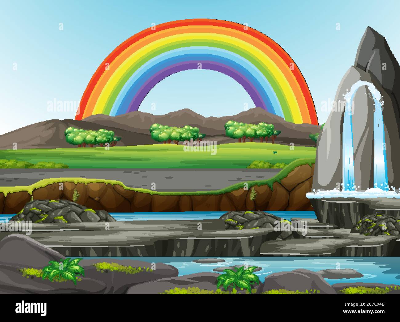 Nature forest view with rainbow in the sky scene illustration Stock ...