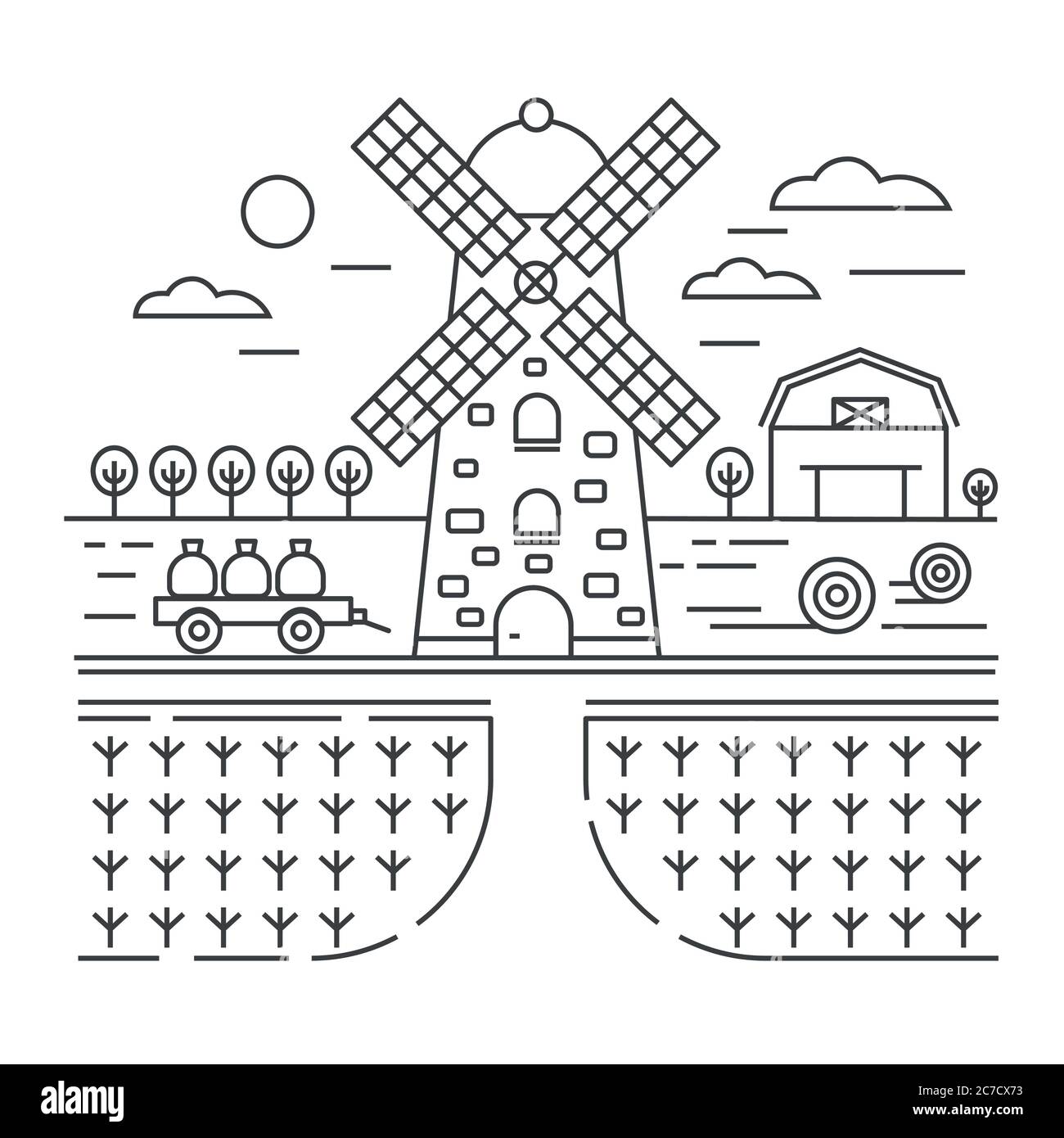 Thin outline line design of Farm logo template with rural agriculture ...