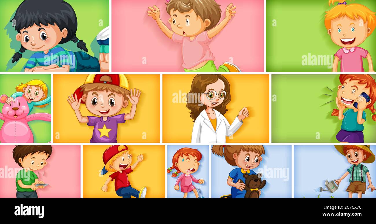 Set of different kid characters on different color background ...