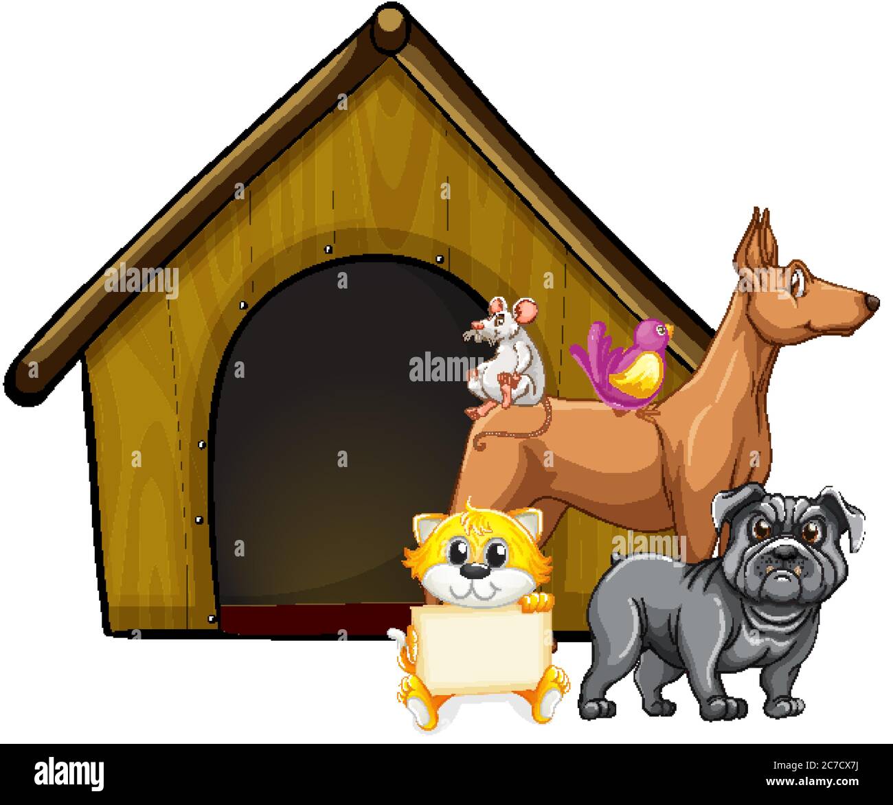 Group of cute animals with dog house cartoon character isolated ...