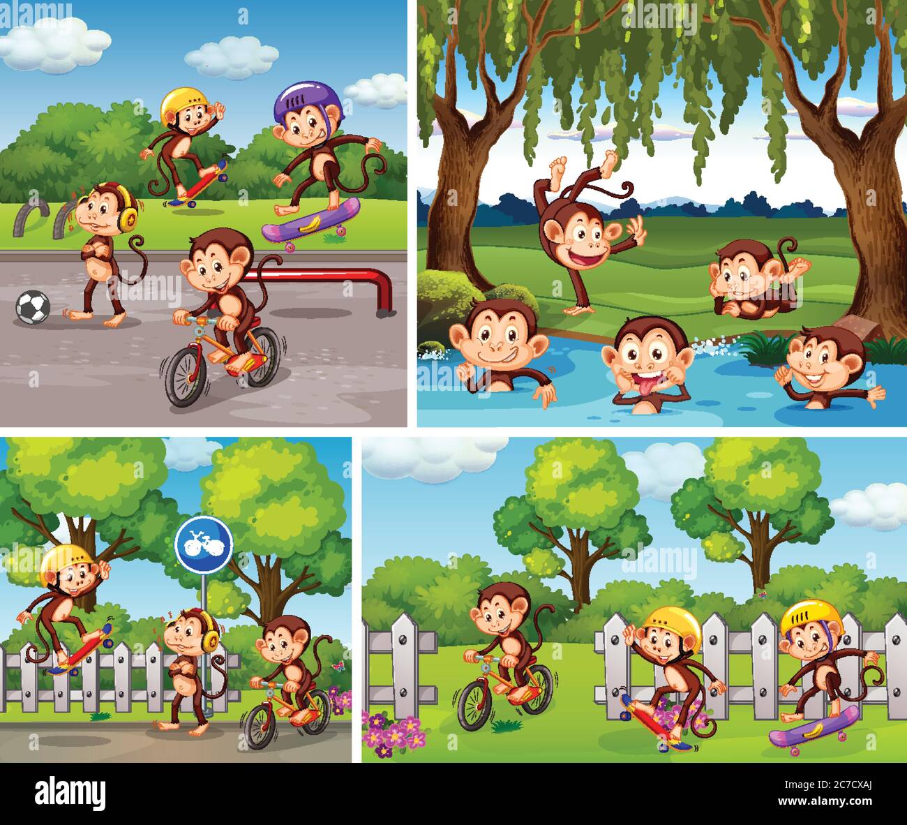 Set of monkey in different background illustration Stock Vector Image ...