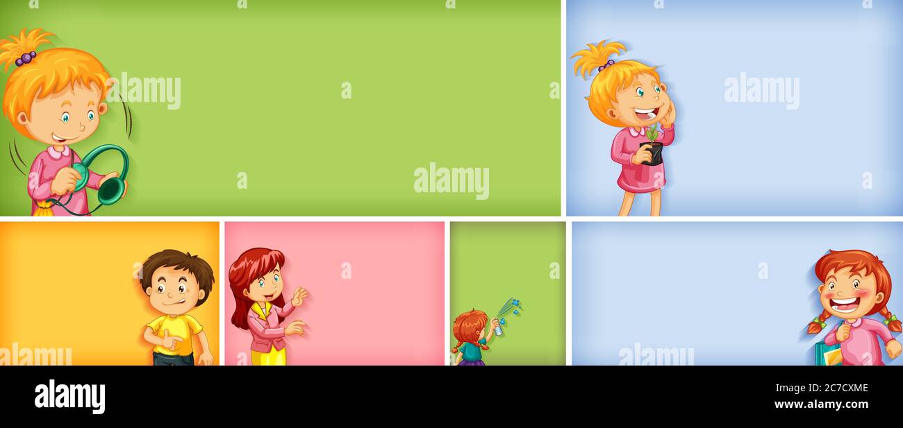 Set of different kid characters on different color background ...