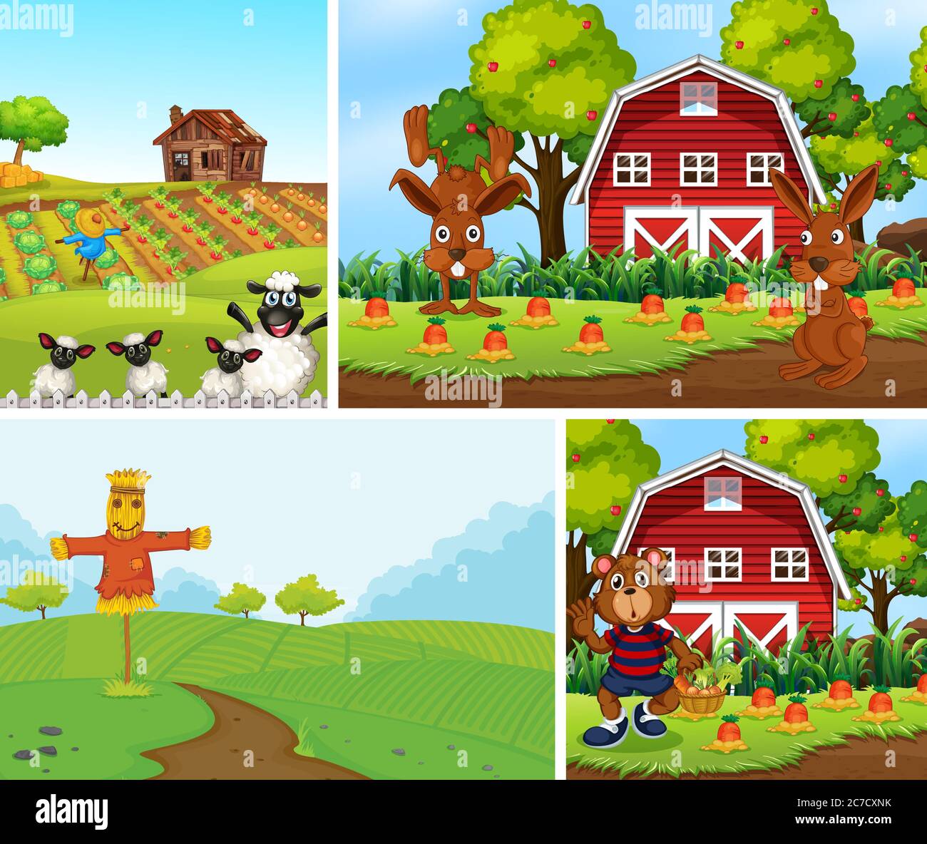 Set of different farm scenes with animal farm cartoon style ...