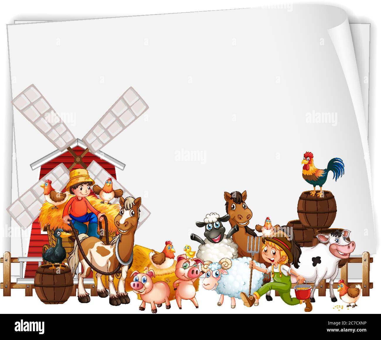 Blank paper with windmill and animal farm set isolated illustration ...
