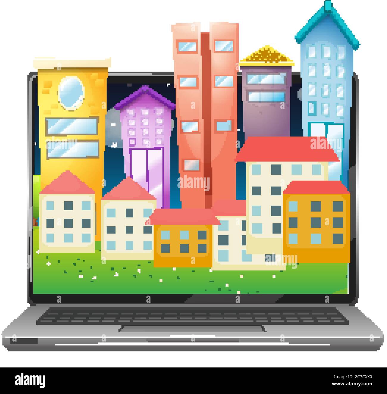 Urban city on computer screen desktop illustration Stock Vector Image ...