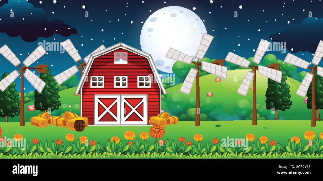 Farm scene with barn and windmill at night illustration Stock Vector ...