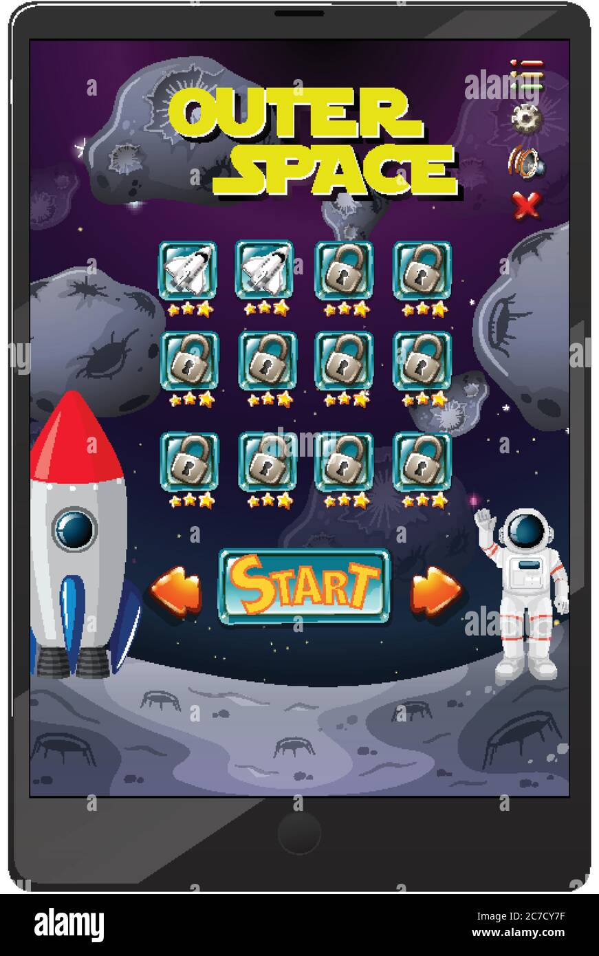 Outer space mission game on tablet screen illustration Stock Vector ...