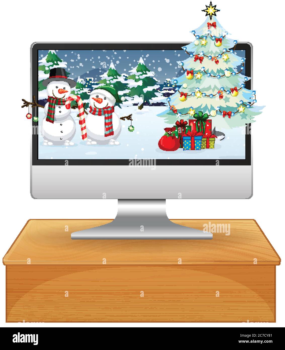 Computer on the table with xmas desktop background illustration Stock ...