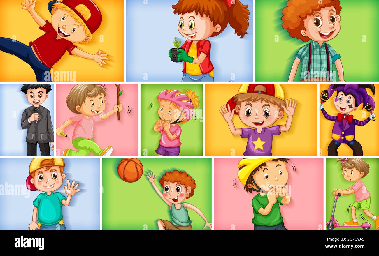 Set of different kid characters on different color background ...