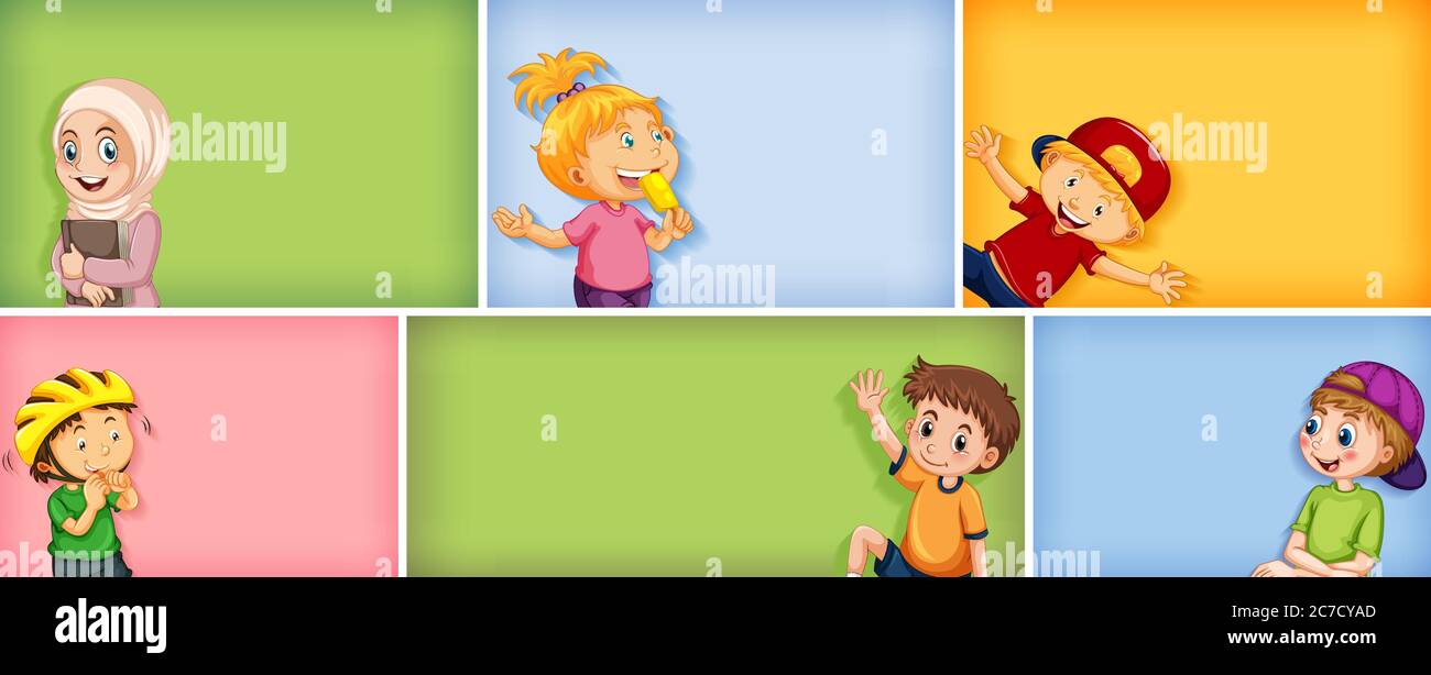 Set of different kid characters on different color background ...