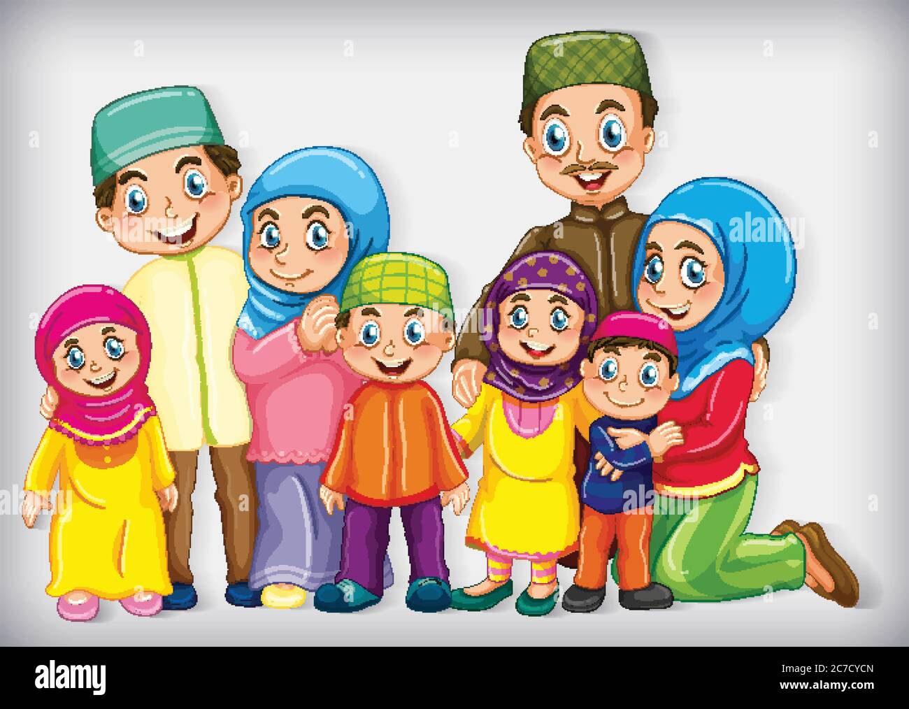 Muslim family member on cartoon character colour gradient background ...
