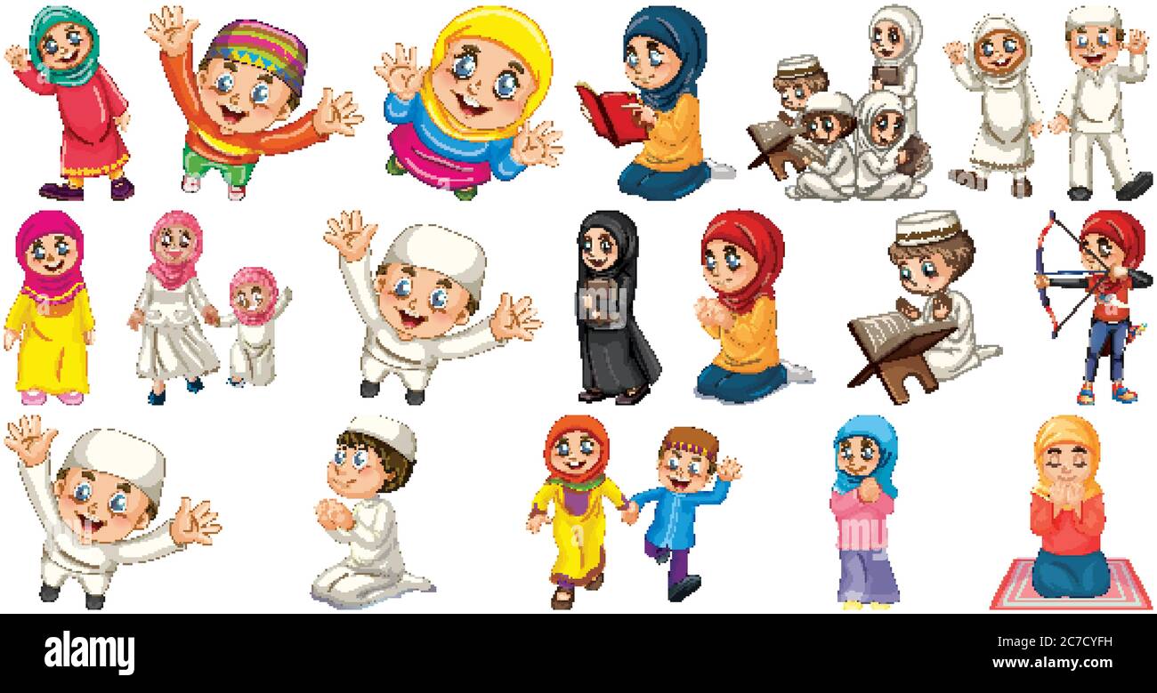 Set of different muslim people cartoon character isolated on white ...