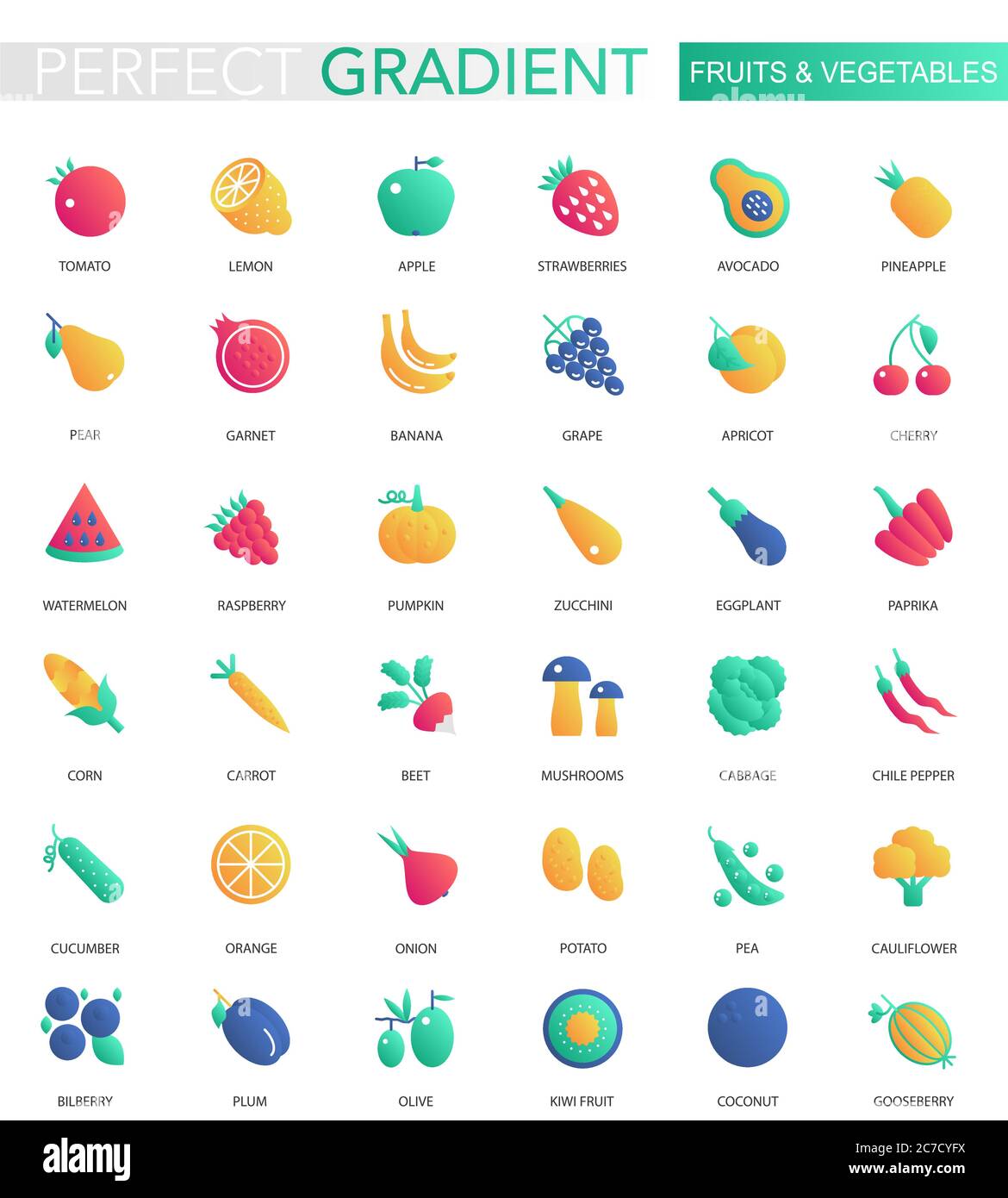 Vector set of trendy flat gradient Fruits and vegetables icons Stock ...