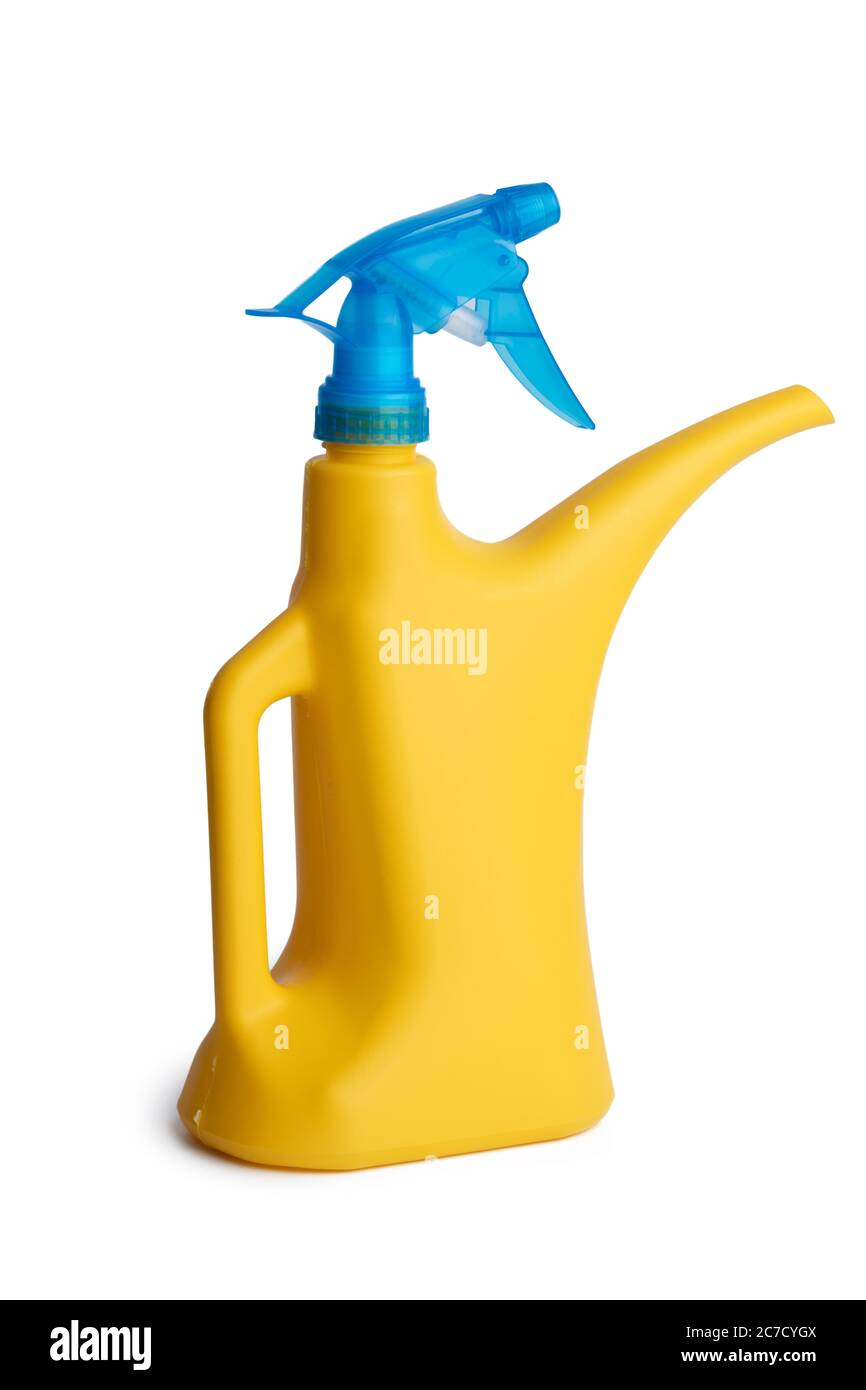Plastic bright watering can isolated on white Stock Photo - Alamy