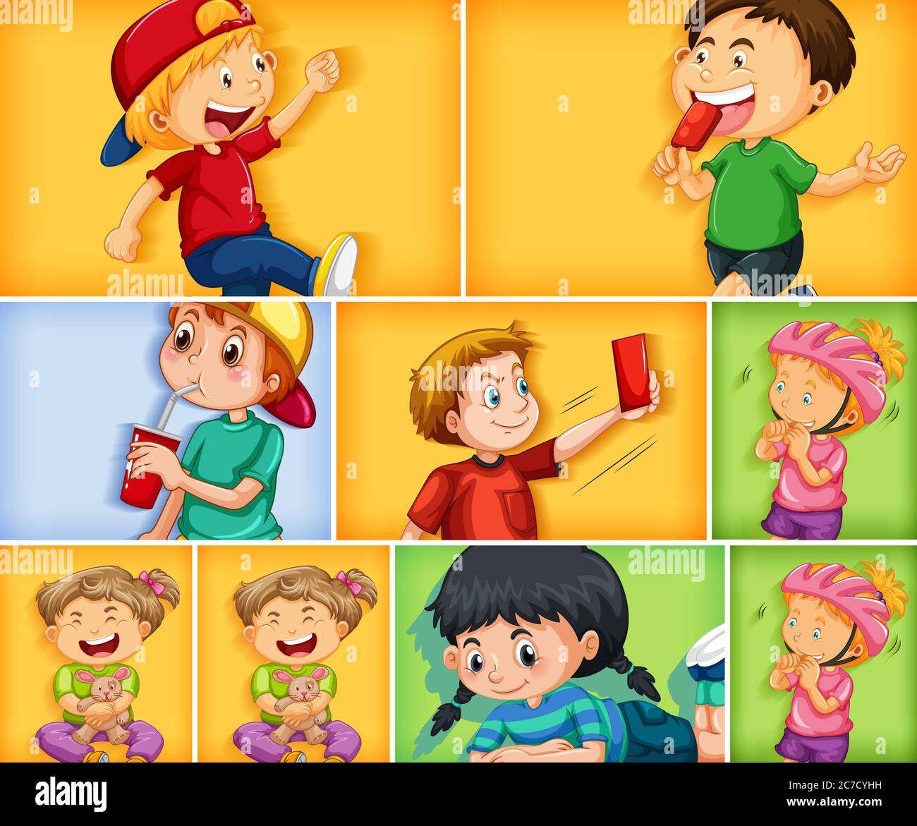 Set of different kid characters on different color background ...
