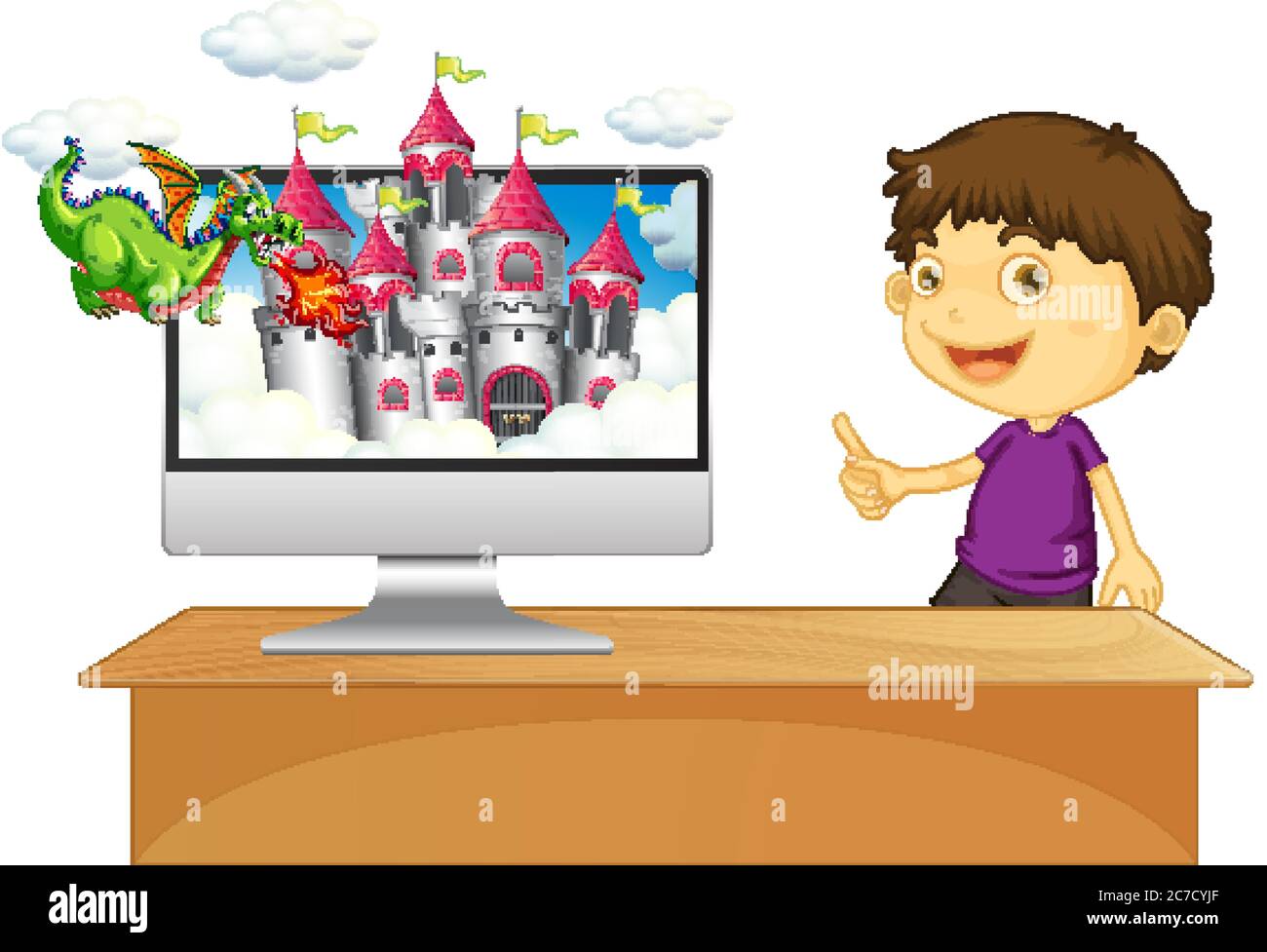 Happy boy next to computer with castle desktop screen illustration ...