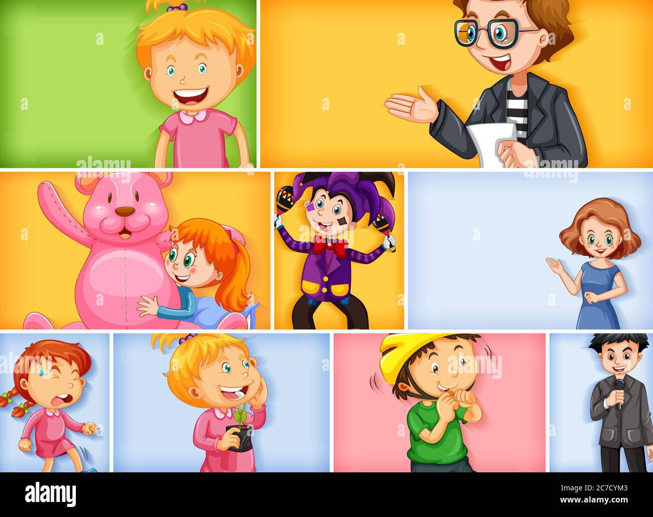 Set of different kid characters on different color background ...