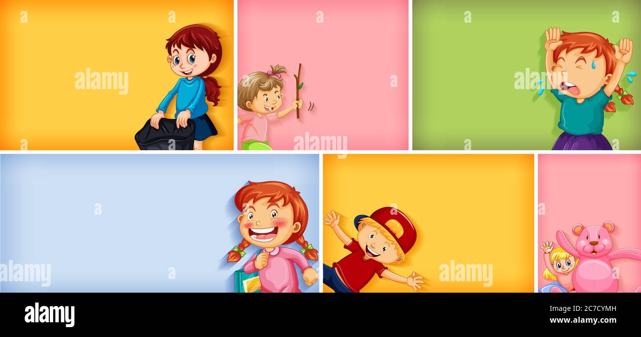 Set of different kid characters on different color background ...
