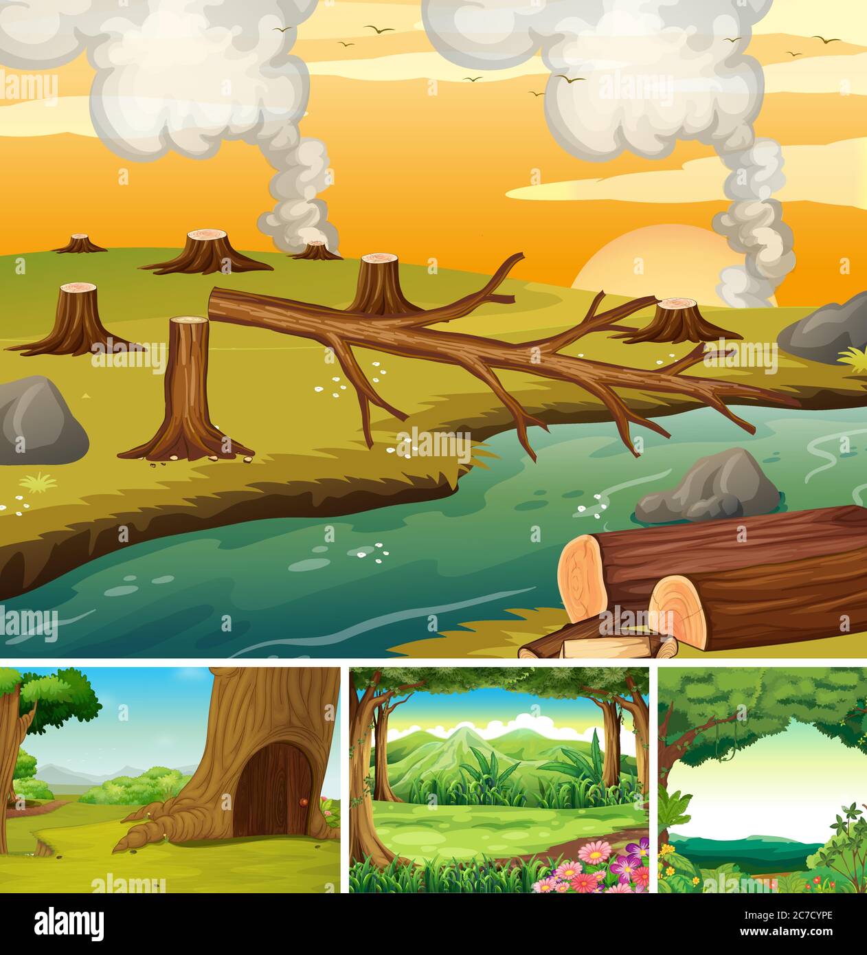 Four different nature scene of forest cartoon style illustration Stock ...