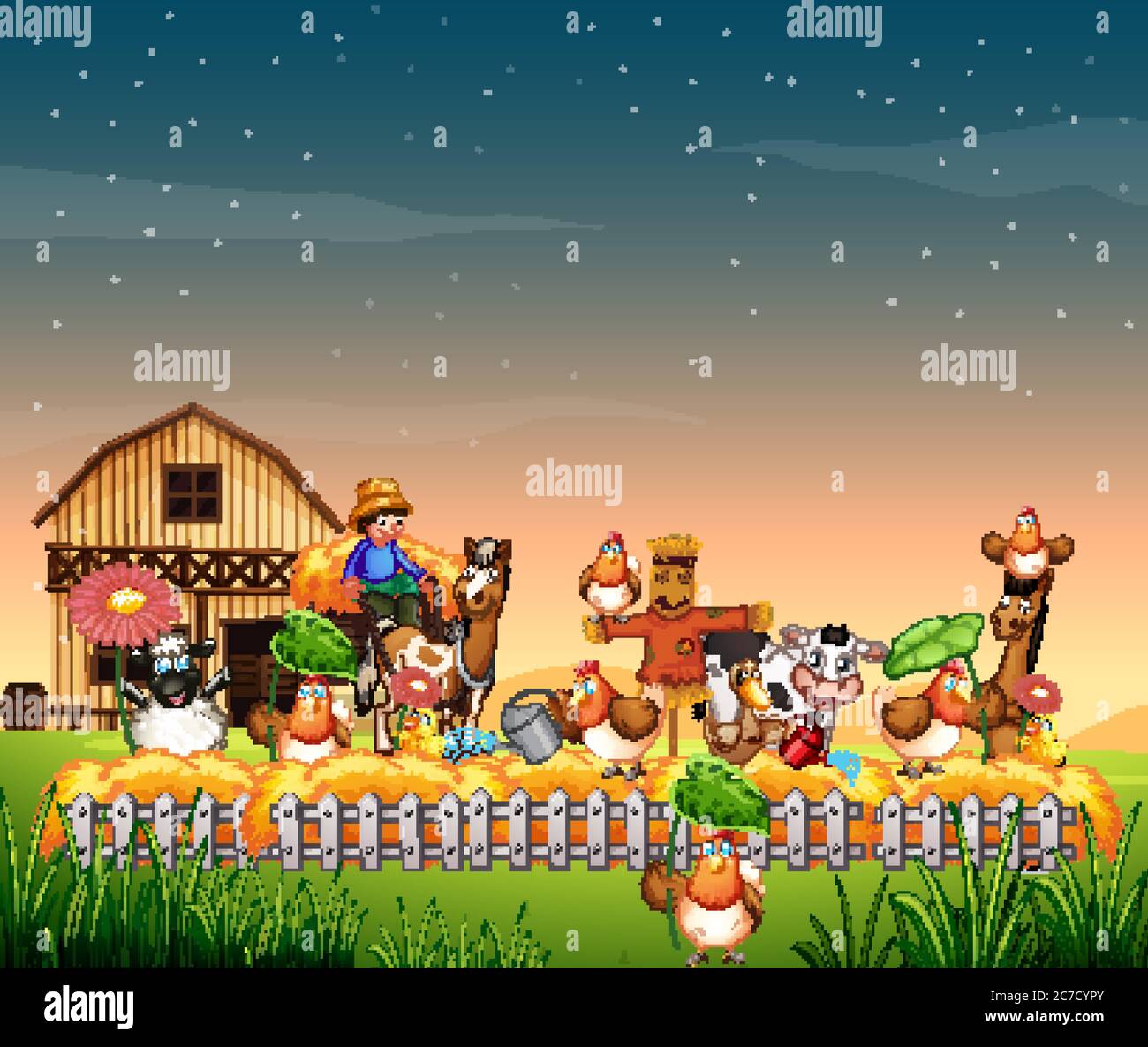 Farm scene with animal farm cartoon style illustration Stock Vector ...