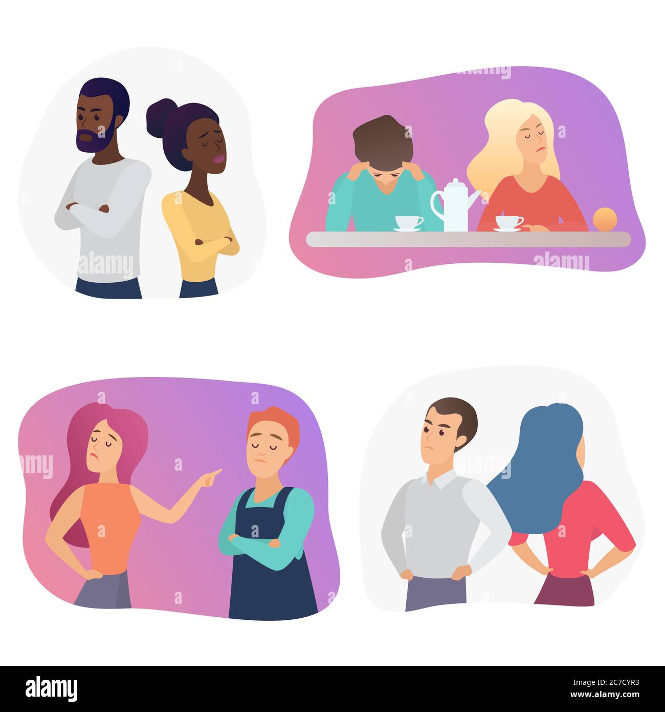 People couples during conflict quarrel or disagreement. Set of offended ...