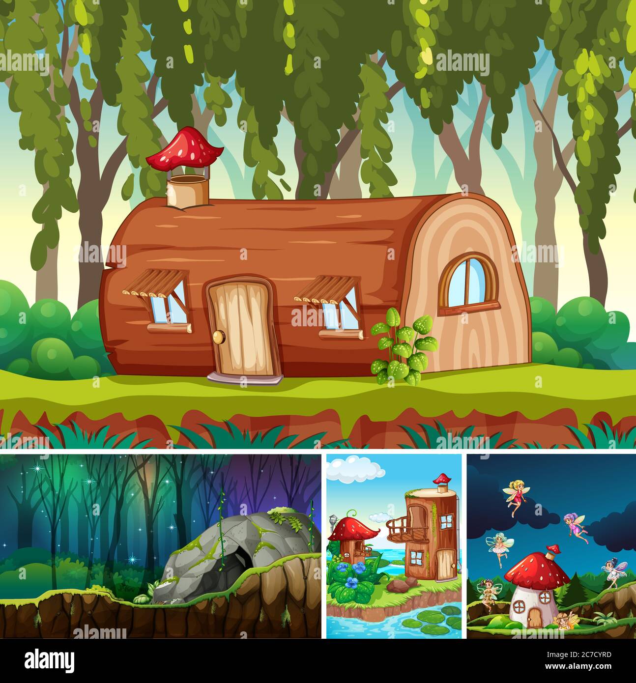 Four different scene of fantasy world with fantasy places and fantasy ...