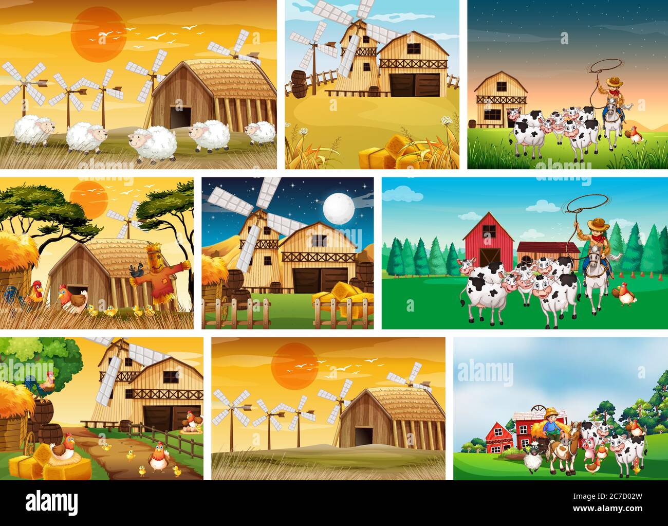 Set of different farm scenes with animal farm cartoon style ...
