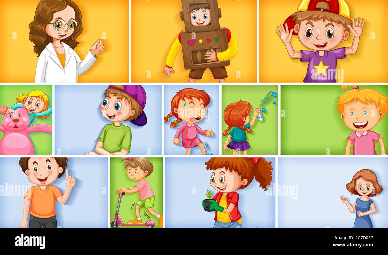 Set of different kid characters on different color background ...