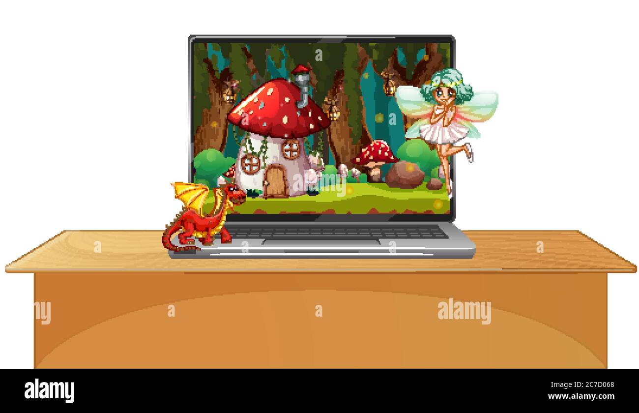 Laptop with fairy scene on desktop background illustration Stock Vector ...