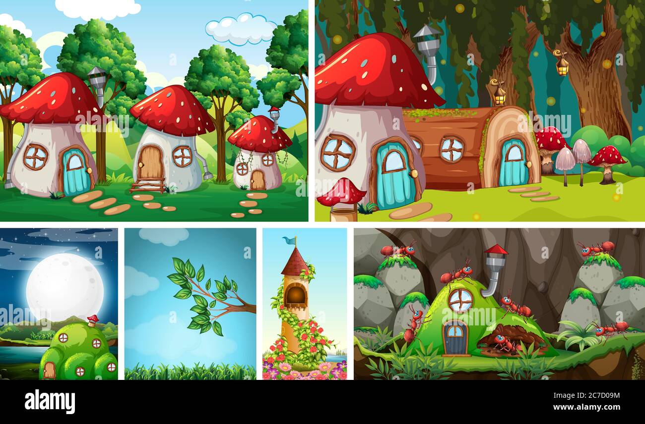 Six different scene of fantasy world with fantasy places and fantasy ...